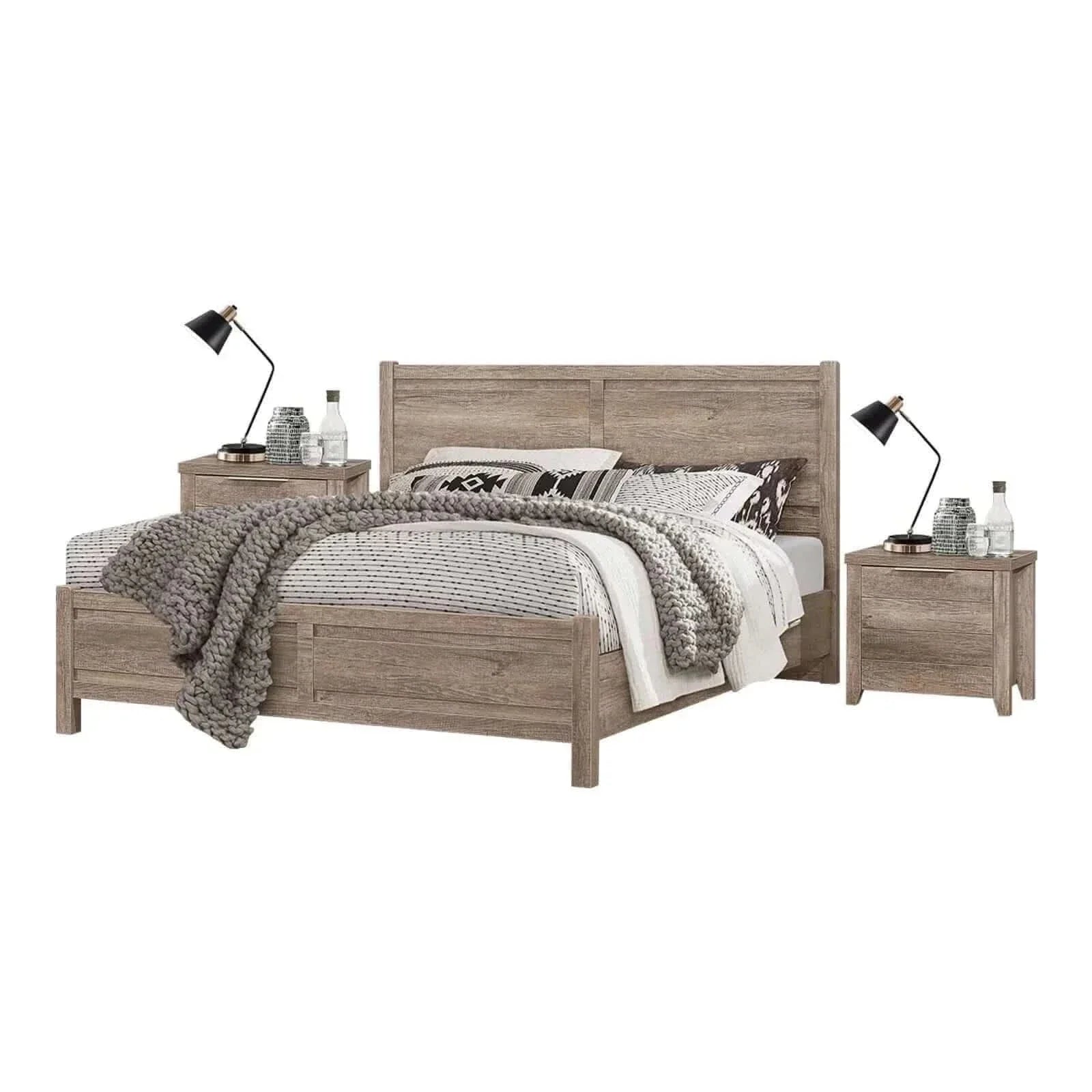 Queen Size Oak Bed, Bedside Table - 3 Pieces Bedroom Suite