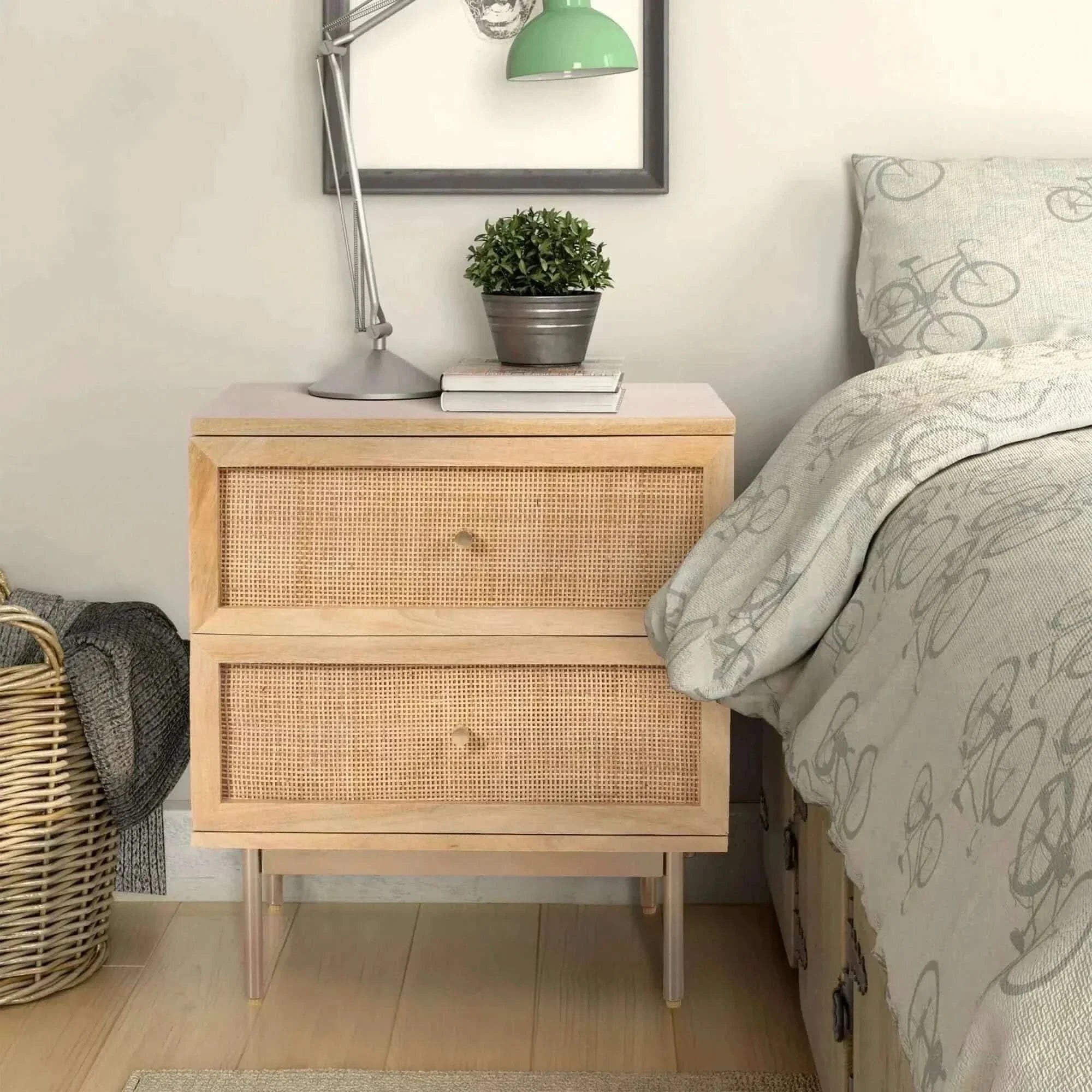 Martina Mango Wood Bedside Table with Rattan Drawers