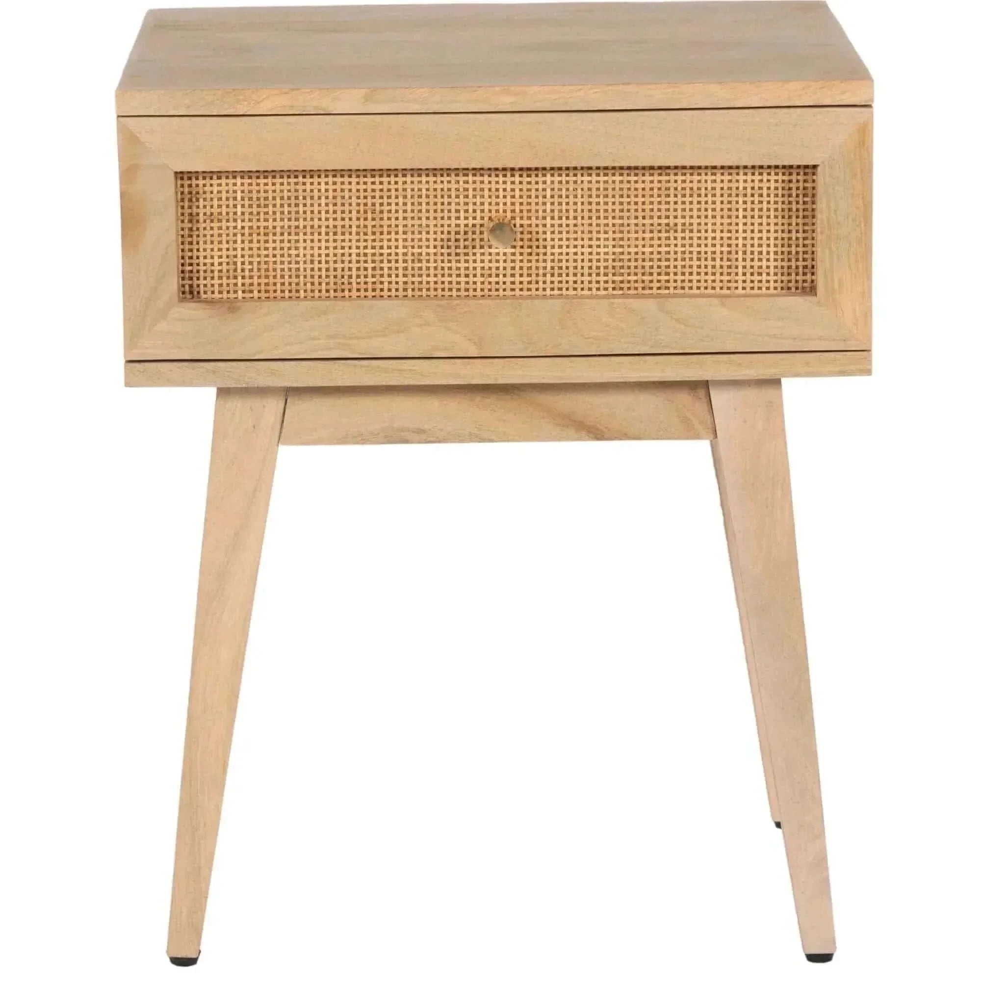 Solid Mango Wood Olearia Bedside Table with Rattan Drawer